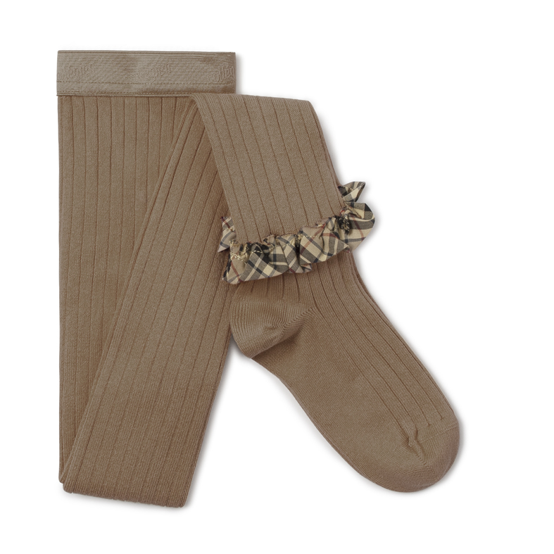 Adélaïde - Tartan Ruffle Ribbed Tights - Petite Taupe